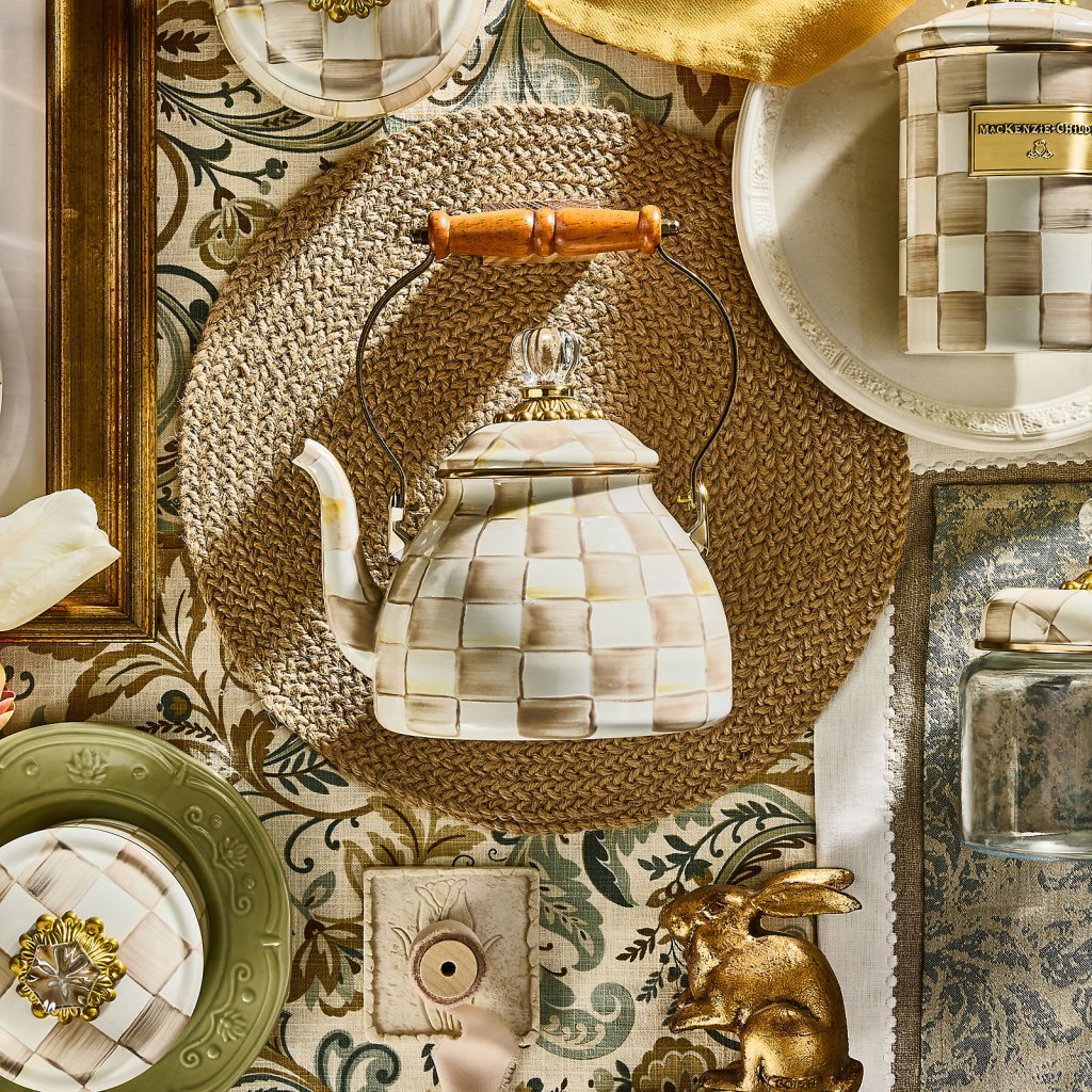 MacKenzie-Childs – Mocha Check Enamel Tea Kettle – 2 Quart - Wooden ...